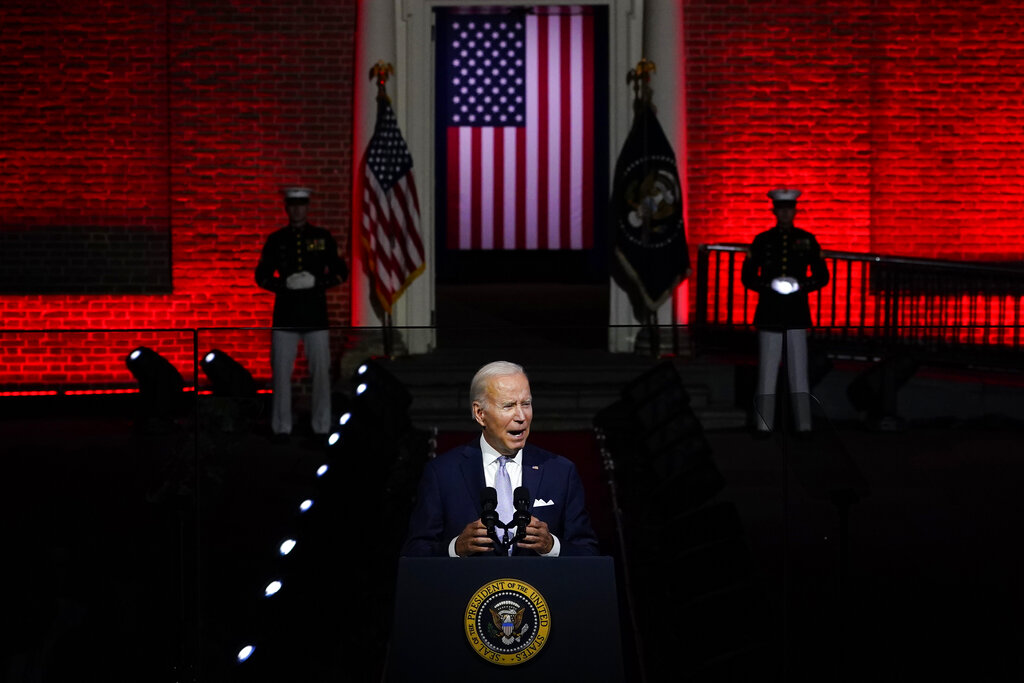 Biden’s ‘blood red’ backdrop steals show in speech attacking MAGA ...
